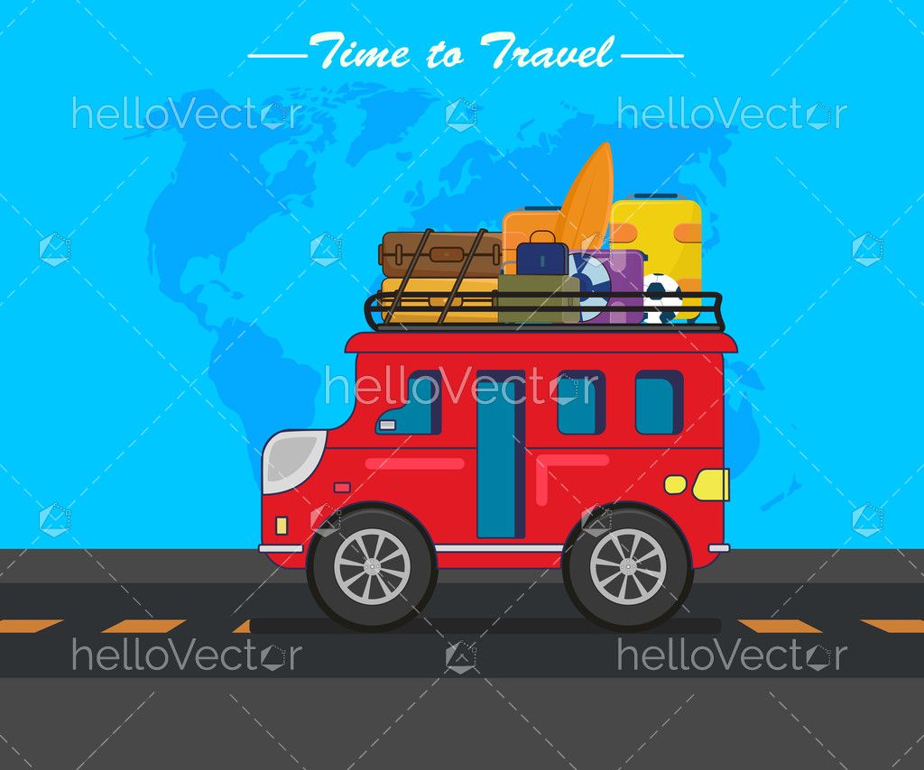Travel by bus, Travel and Tourism flat design - Vector Illustration ...
