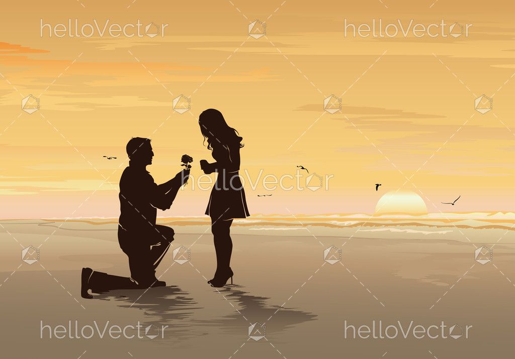 Man proposing to his beloved on sea beach silhouette vector background.