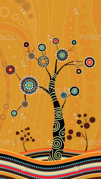 Tree on the hill, Aboriginal tree, Aboriginal art vector painting with ...