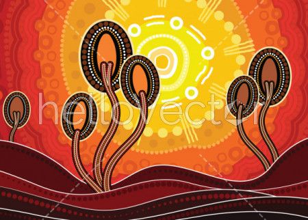 Tree on the hill, Aboriginal art vector painting depicting nature ...