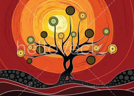 Tree on the hill, Aboriginal art vector painting depicting nature ...