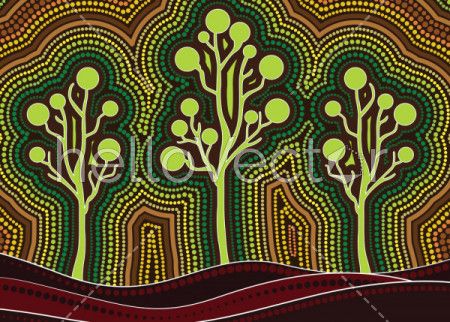 Tree on the hill, Aboriginal art vector painting depicting nature ...