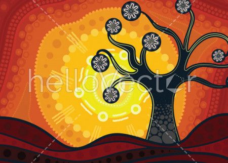 Tree on the hill, Aboriginal art vector painting depicting nature ...