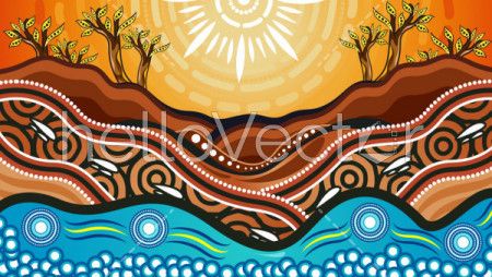 Aboriginal sunset landscape painting - Download Graphics & Vectors
