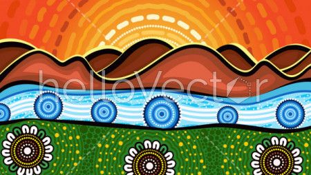 Aboriginal sunset landscape painting - Download Graphics & Vectors